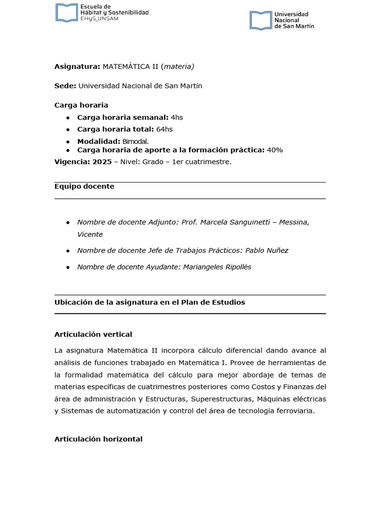 PROGRAMA DE MATEMATICA II - 2025 - Revisada2 | PDF | Derivado | Integral
