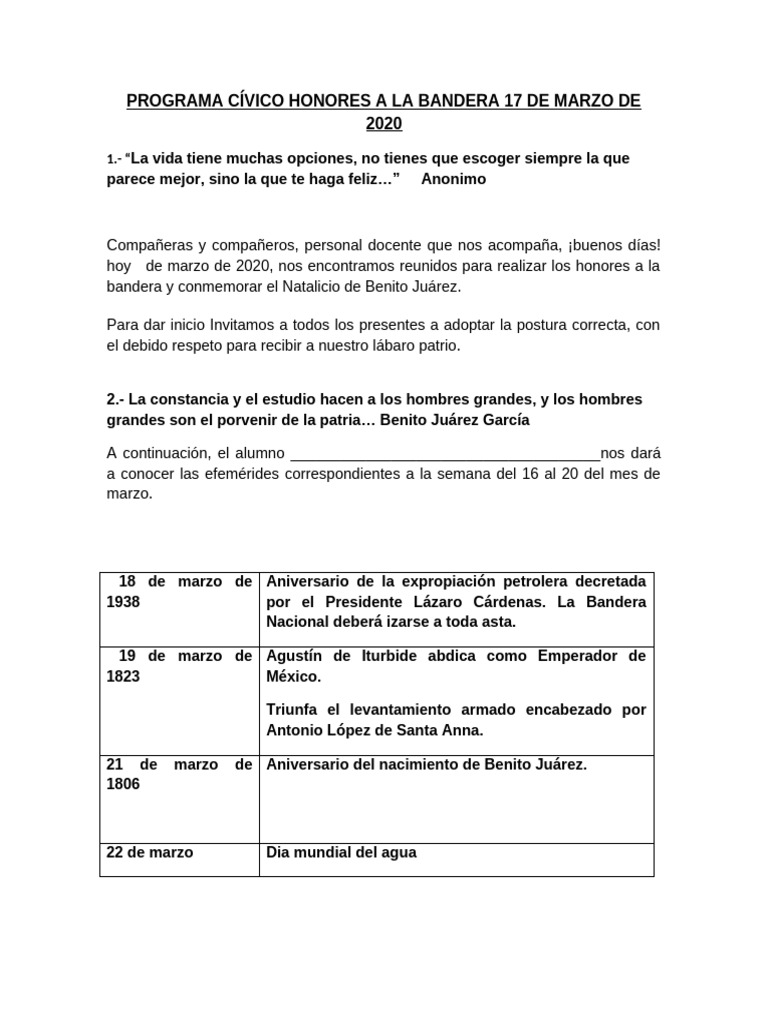 Programa Cívico Honores A La Bandera 17 de Marzo de 2020 | PDF | Temporada de primavera) | México