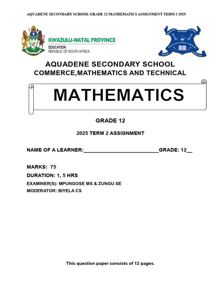 Grade 12 Mathematics Assignment 2025 | PDF | Circle | Tangent