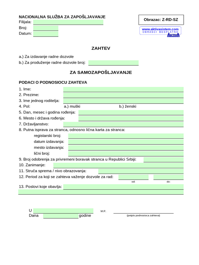 Zahtev Za Izdavanje Radne Dozvole | PDF
