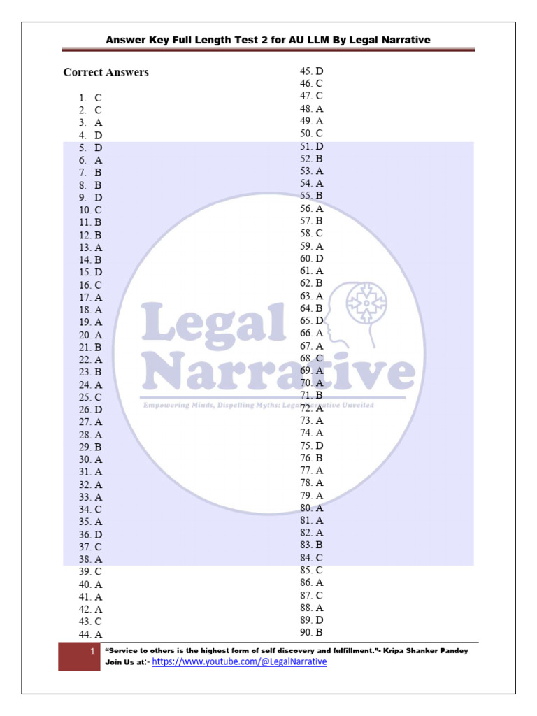 Answer Key Full Length Test 2 For AU LLM Entrance by Legal Narrative ...