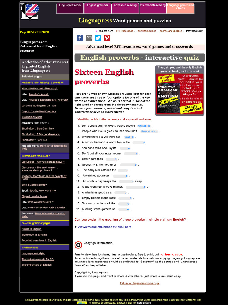 English Proverb Quiz - Advanced Level EFL Word Game | PDF | English ...