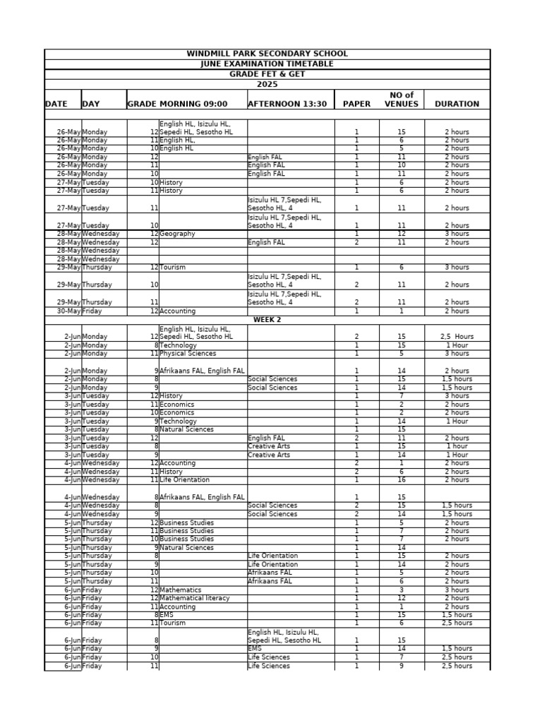 June Examination Timetable | PDF | Science