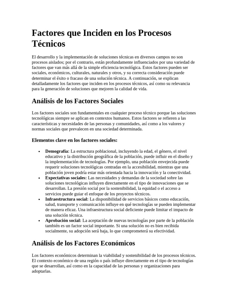 Factores Que Inciden En Los Procesos Técnicos Pdf Sustentabilidad