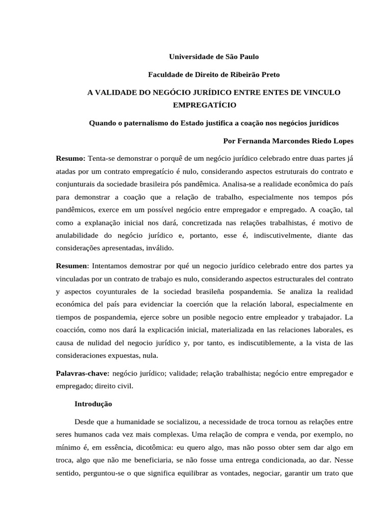 Validade do Negócio Jurídico Empregatício | PDF | Empreendedorismo