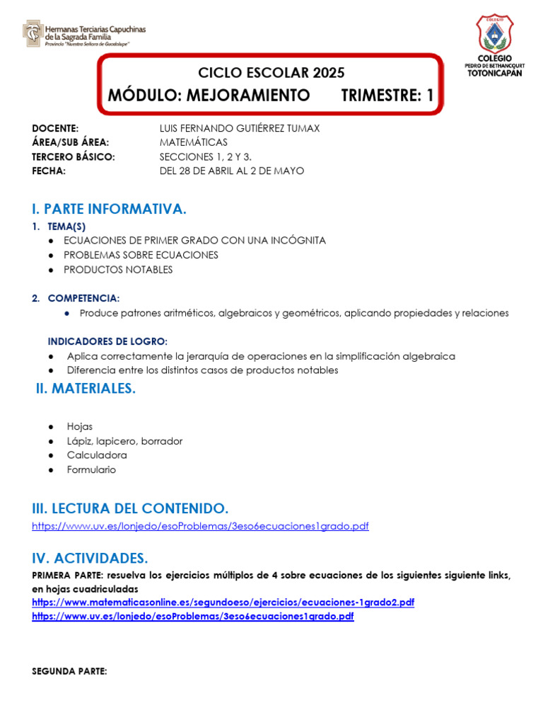 Matem Ticas - M Dulo Mejoramiento - Trimestre I | PDF