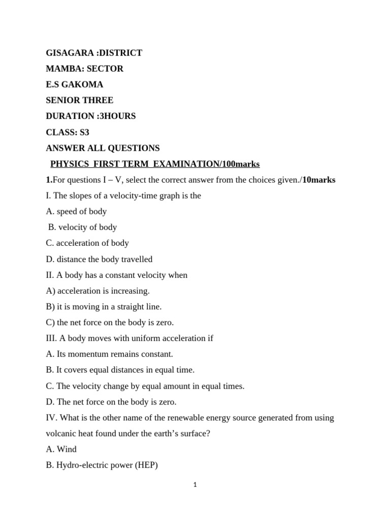 S3 First Term Physics Exam-1 | PDF | Force | Heat