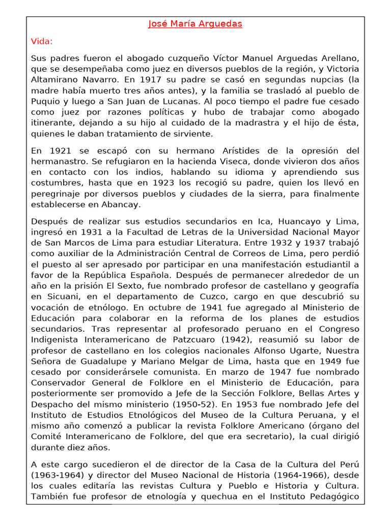 José María Arguedas: Vida y Obra | PDF