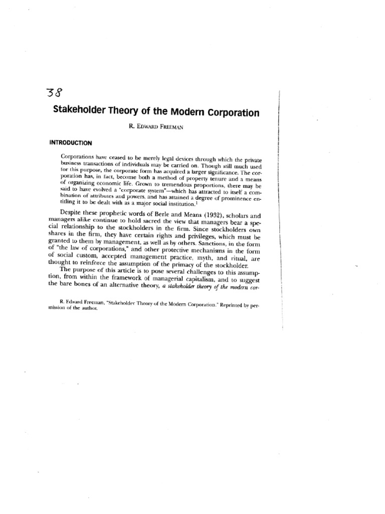 Freeman - 2001 - A Stakeholder Theory of The Modern Corporation | PDF ...