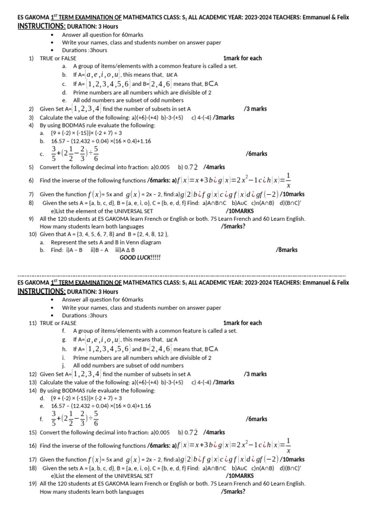 S1 Mathematics Term Exam 2023-2024 | PDF | Numbers | Elementary Mathematics