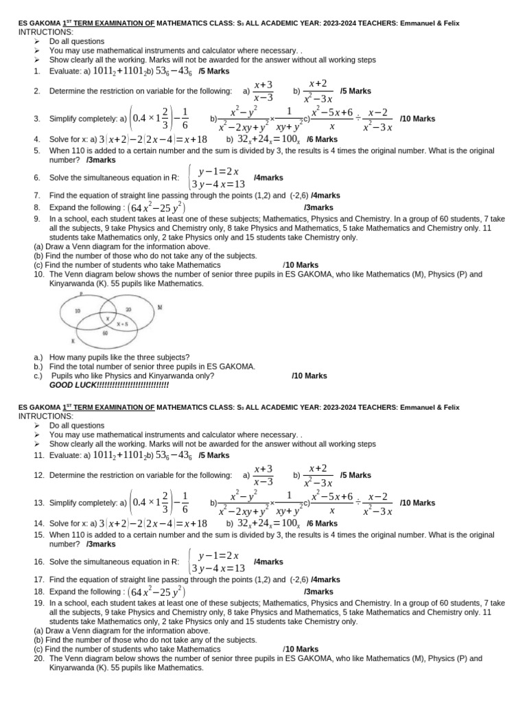 TERM 1 EXAM FOR S3, 2023-2024 | PDF | Physics | Equations