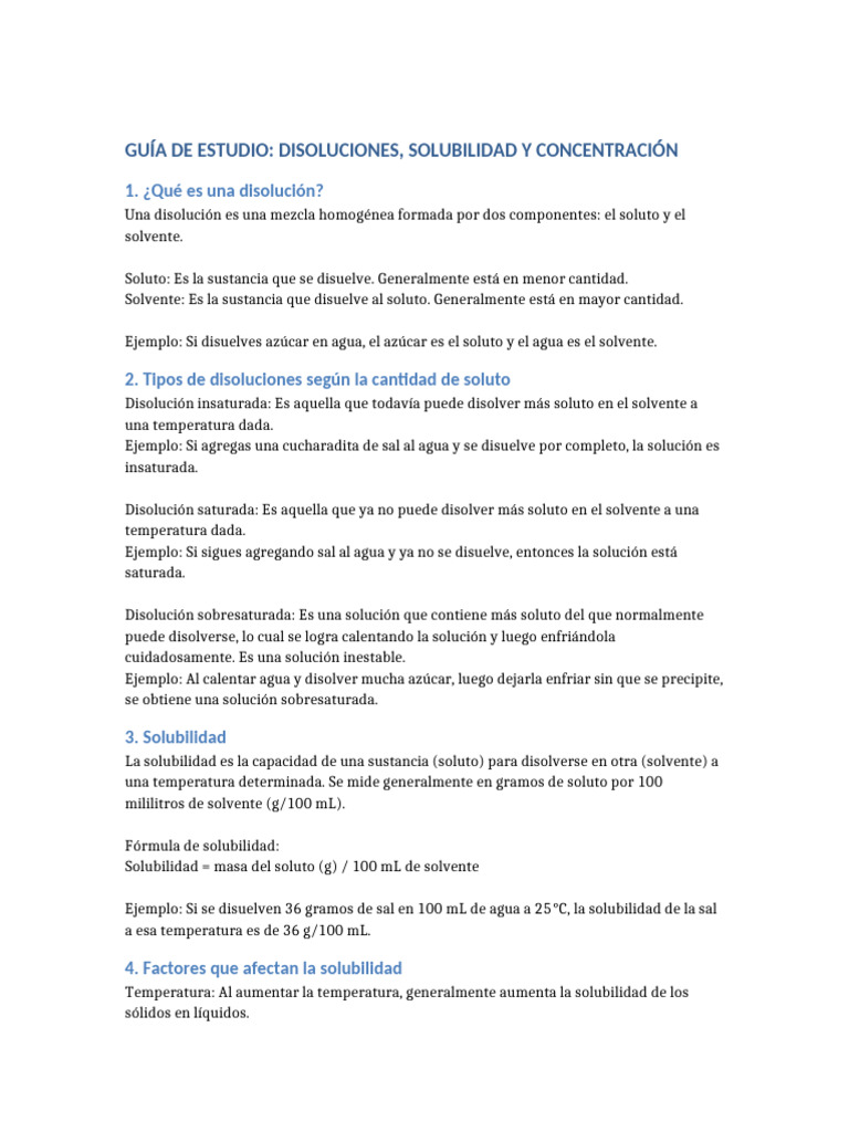 Guia Disoluciones Quimica | PDF | Solubilidad | Concentración