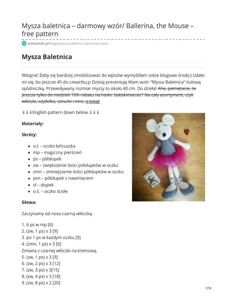 Mysza Baletnica - Darmowy Wzór/ Ballerina, The Mouse - Free Pattern | PDF
