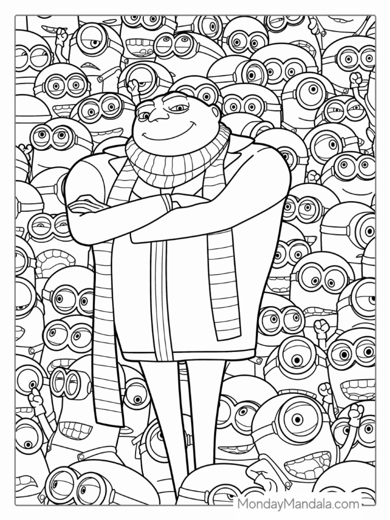 Detailed Coloring Page of Gru With Minions For Adults | PDF