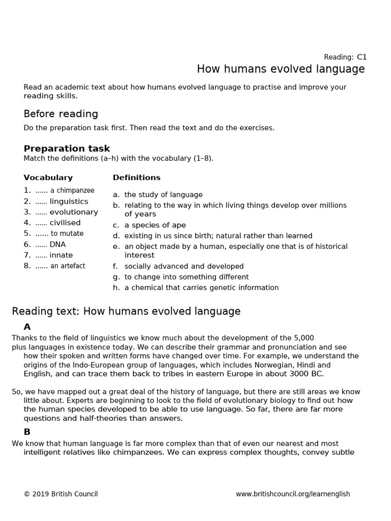 LearnEnglish Reading C1 How Humans Evolved Language | PDF | Human ...