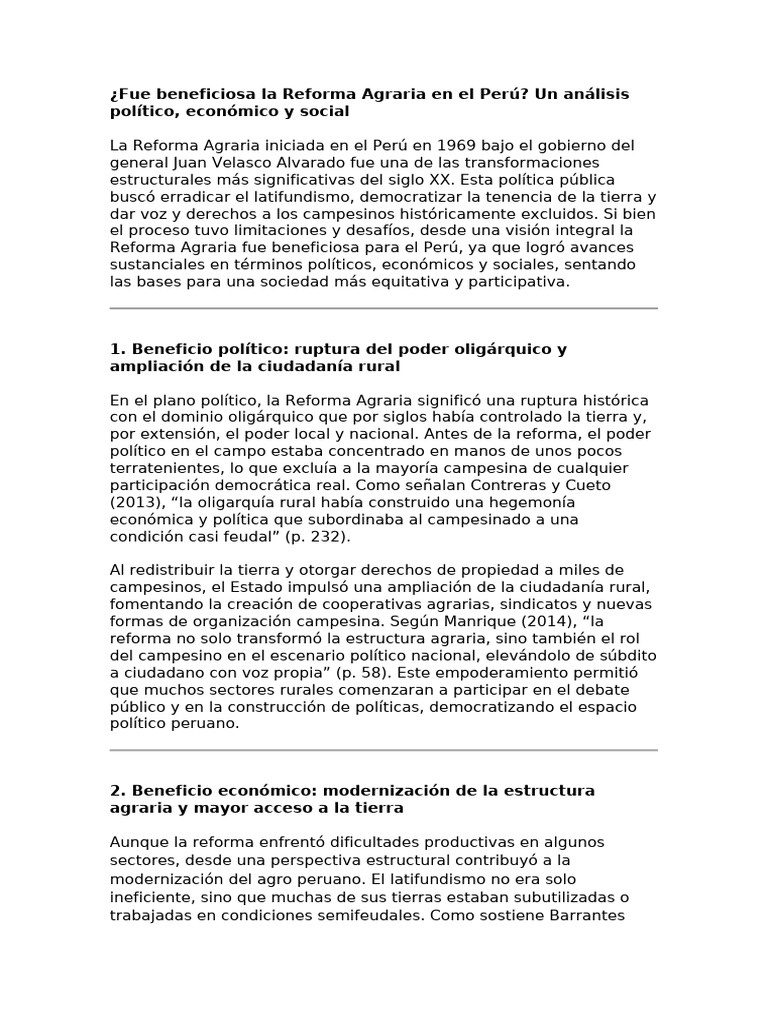 Fue Beneficiosa La Reforma Agraria en El Perú | PDF | Reforma agraria ...