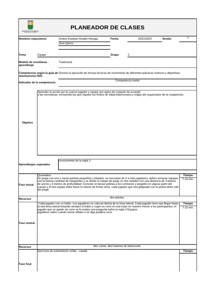 Planeador de Clases | PDF | Deportes | Aprendizaje