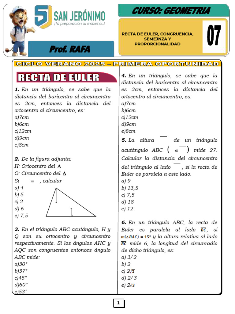 07 Recta de Euler, Congruencia, Semejanza y Proporcionalidad | PDF | Triángulo | Geometría ...