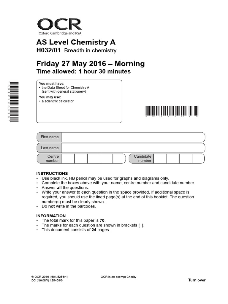 OCR A Level Chemistry Paper 1 2016 | PDF | Chemical Reactions ...