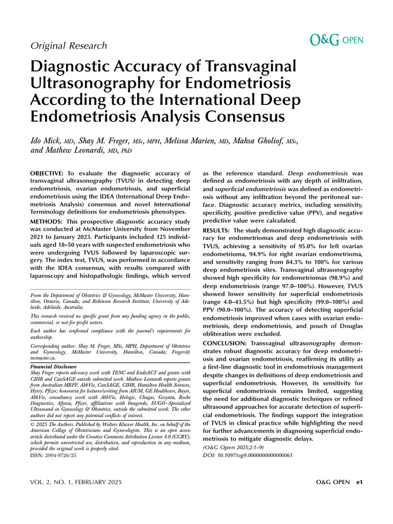 Diagnostic Accuracy of Transvaginal Ultrasonography For Endometriosis ...