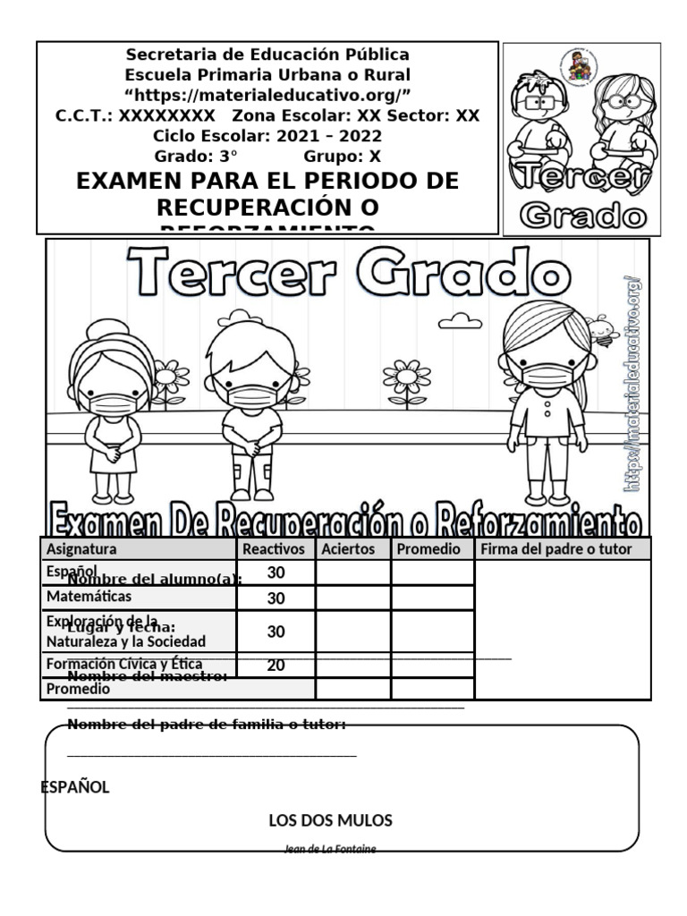 Examen de Español y Matemáticas 3° Grado | PDF