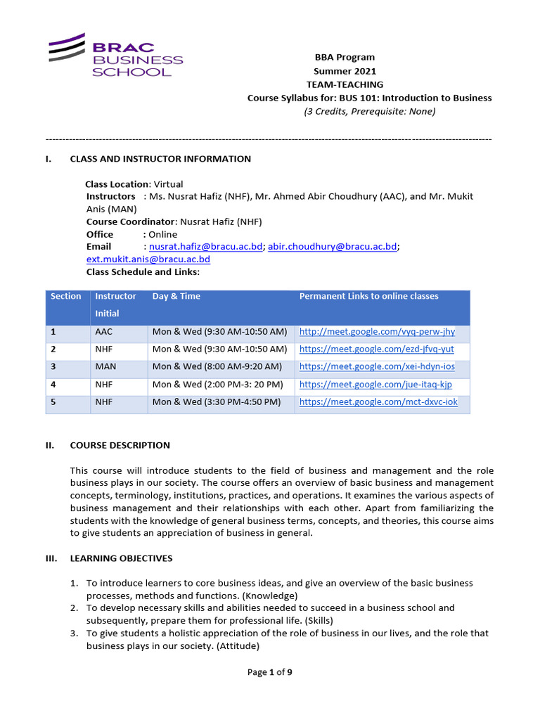 BUS 101: Intro to Business Syllabus | PDF | Quiz | Learning
