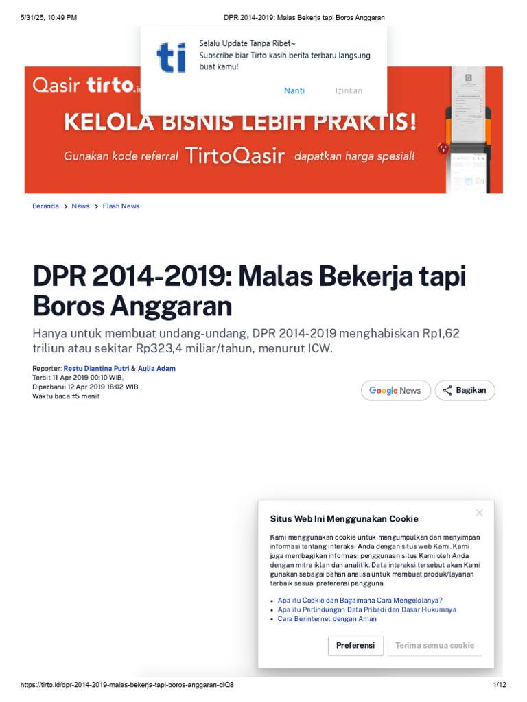 DPR 2014-2019 - Malas Bekerja Tapi Boros Anggaran | PDF