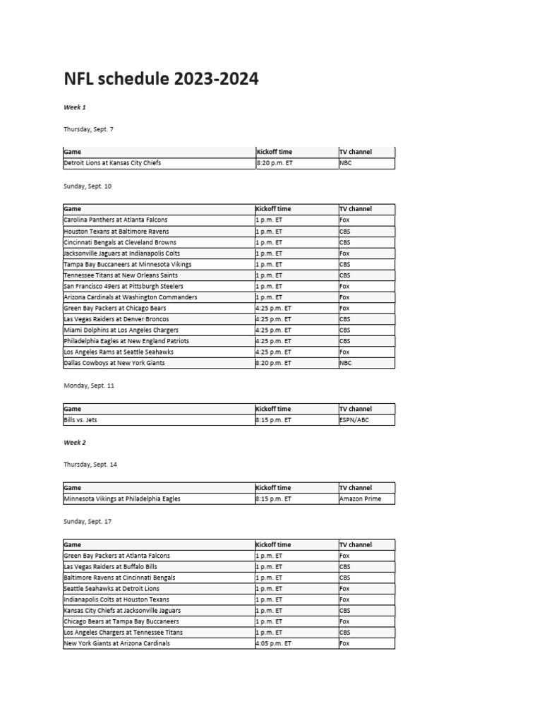 2023-2024 NFL Schedule Printable PDF | PDF | Los Angeles Rams | Dallas ...