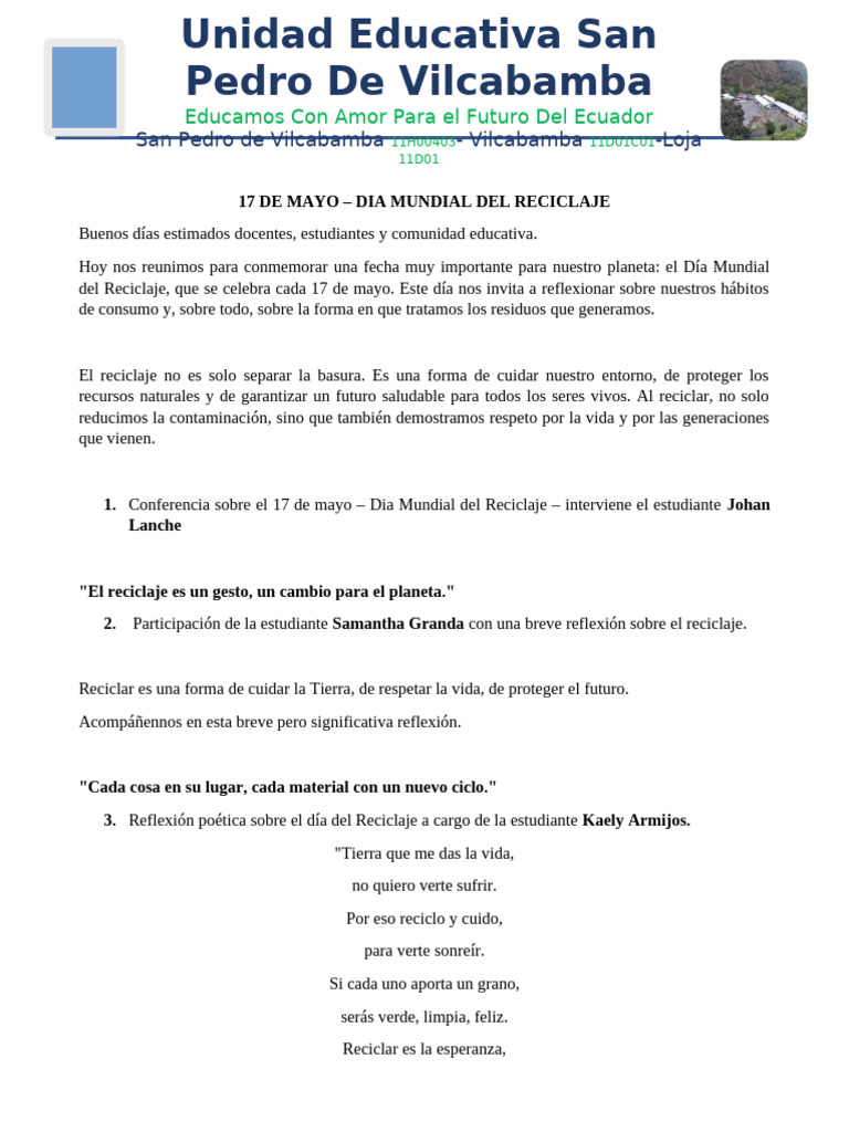 Programa Dia Mundial Del Reciclaje | PDF | Reciclaje | Residuos