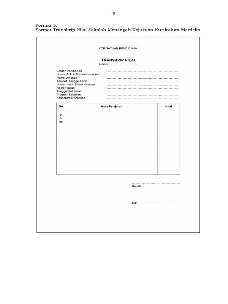 Form Transkrip Nilai SMK | PDF