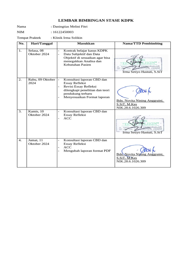 Lembar Bimbingan Stase KDPK | PDF
