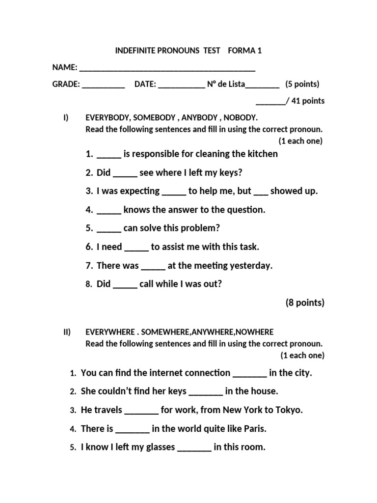 Indefinite Pronouns Test Forma 1 | PDF