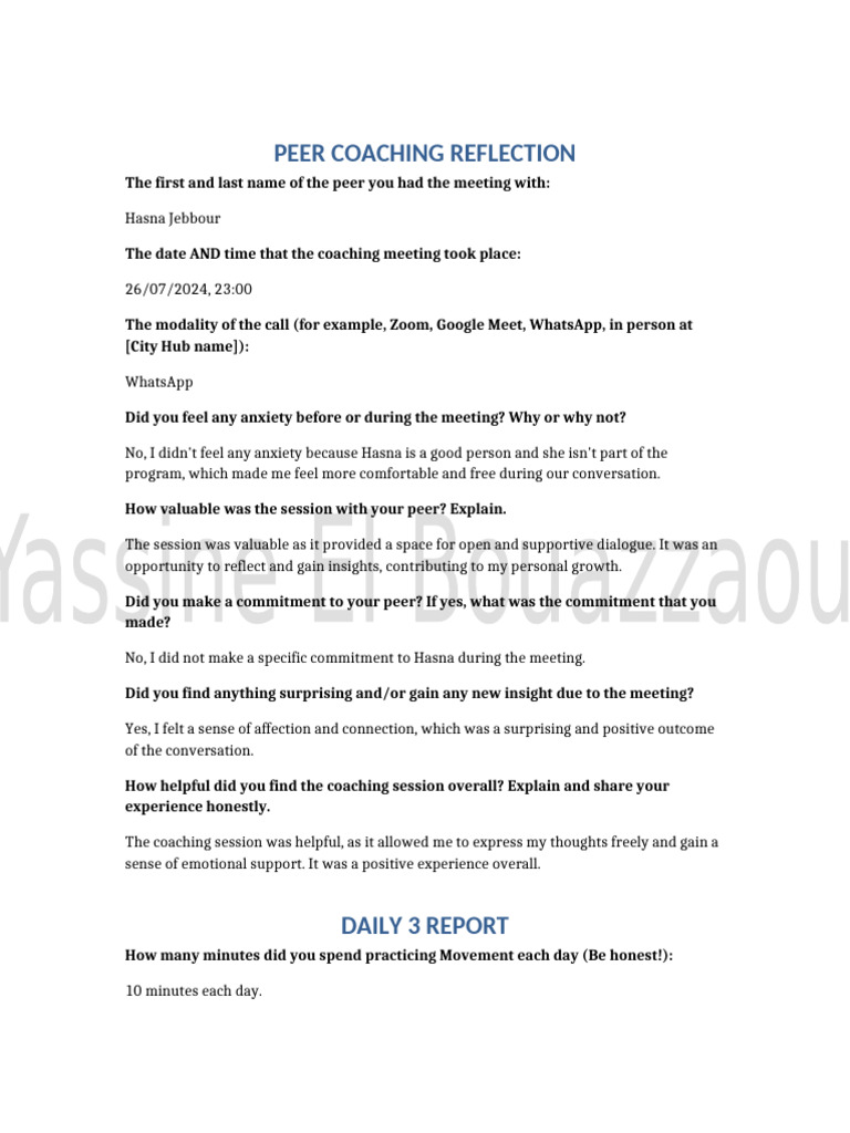 Peer Coaching Reflection and Daily 3 Report | PDF