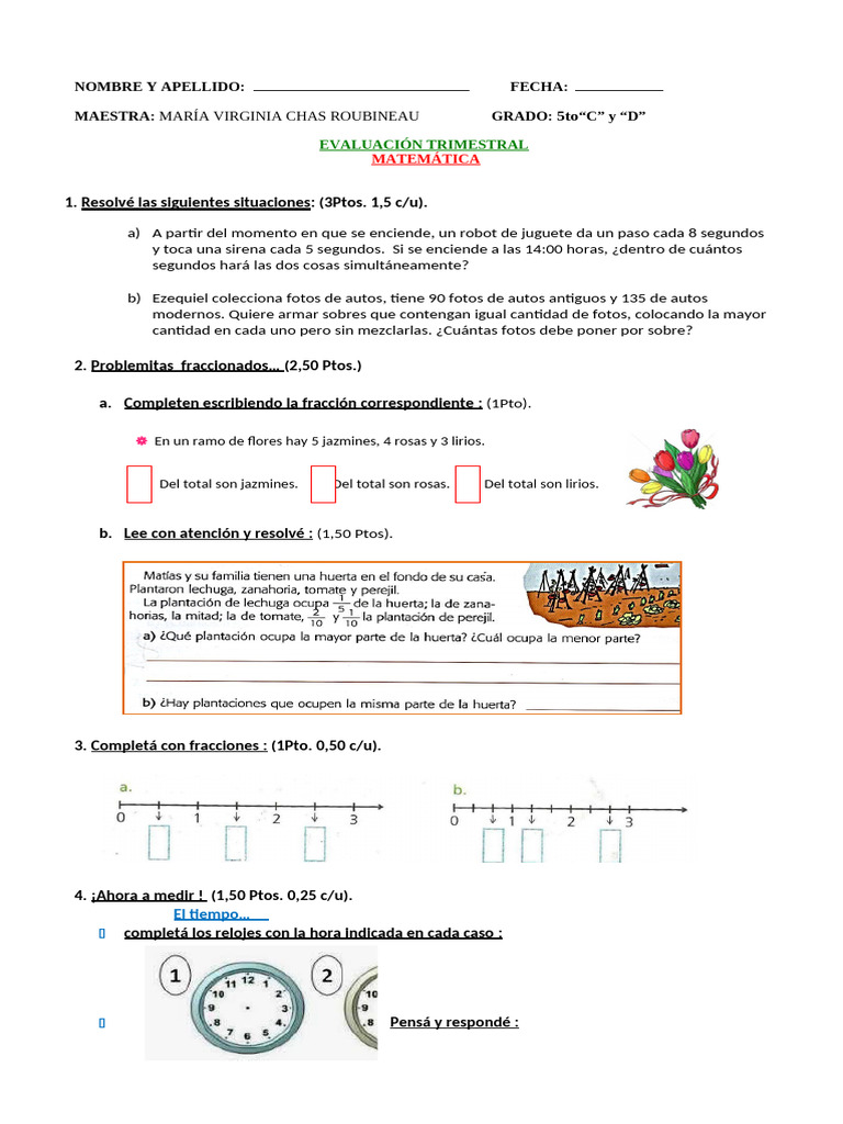 Evaluacion de Matematica 1º Trimestre | PDF | Matemáticas