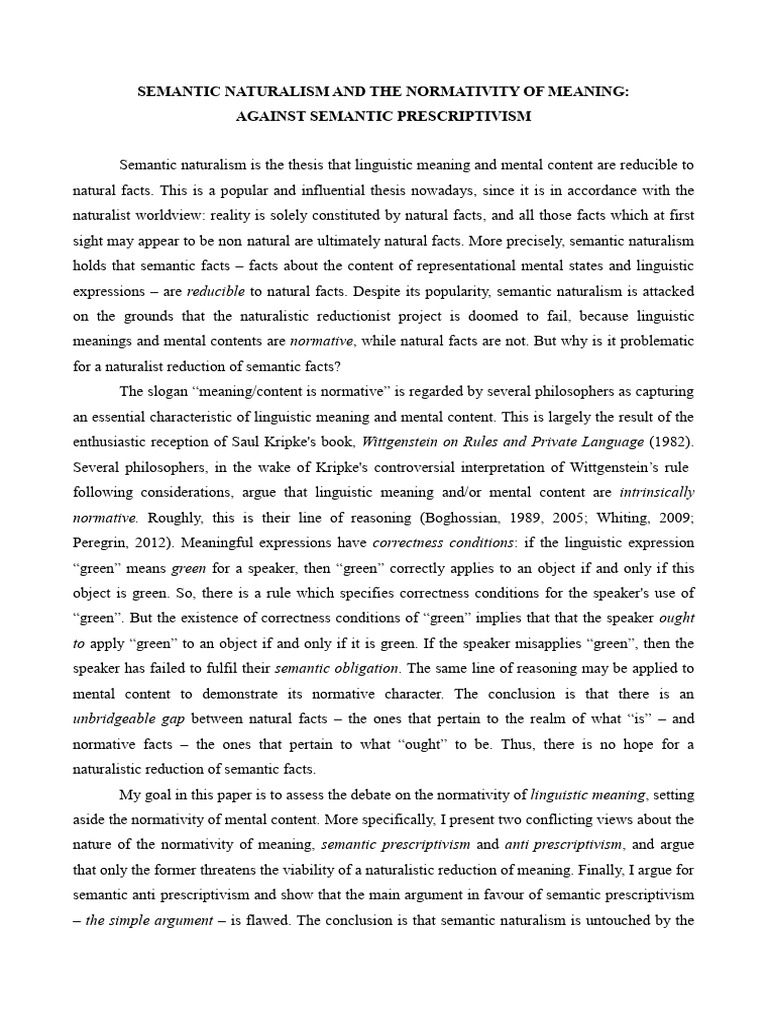Semantic Naturalism and The Normativity of Meaning - Final Version | PDF | Semantics | Argument
