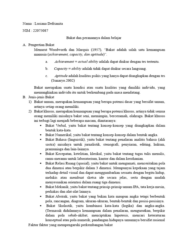 Bakat dan Peranannya dalam Pembelajaran | PDF