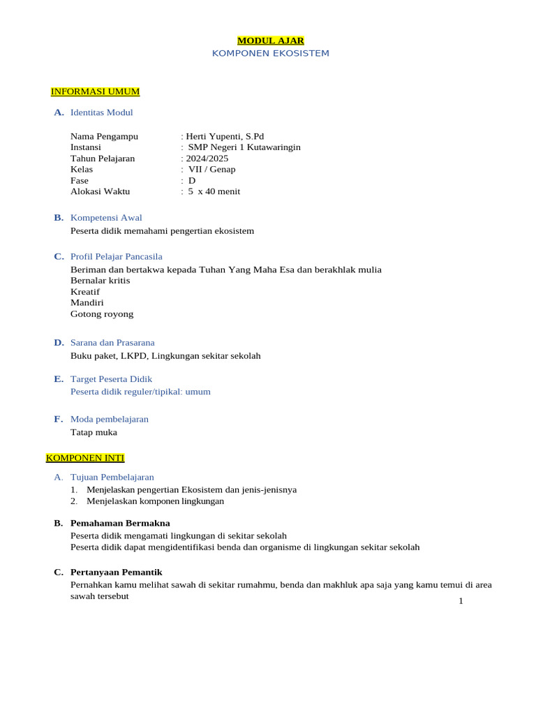 MODUL AJAR-komponen Ekosistem | PDF