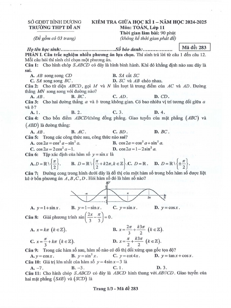 De Giua Hoc Ki 1 Toan 11 Nam 2024 2025 Truong THPT Di An Binh Duong | PDF