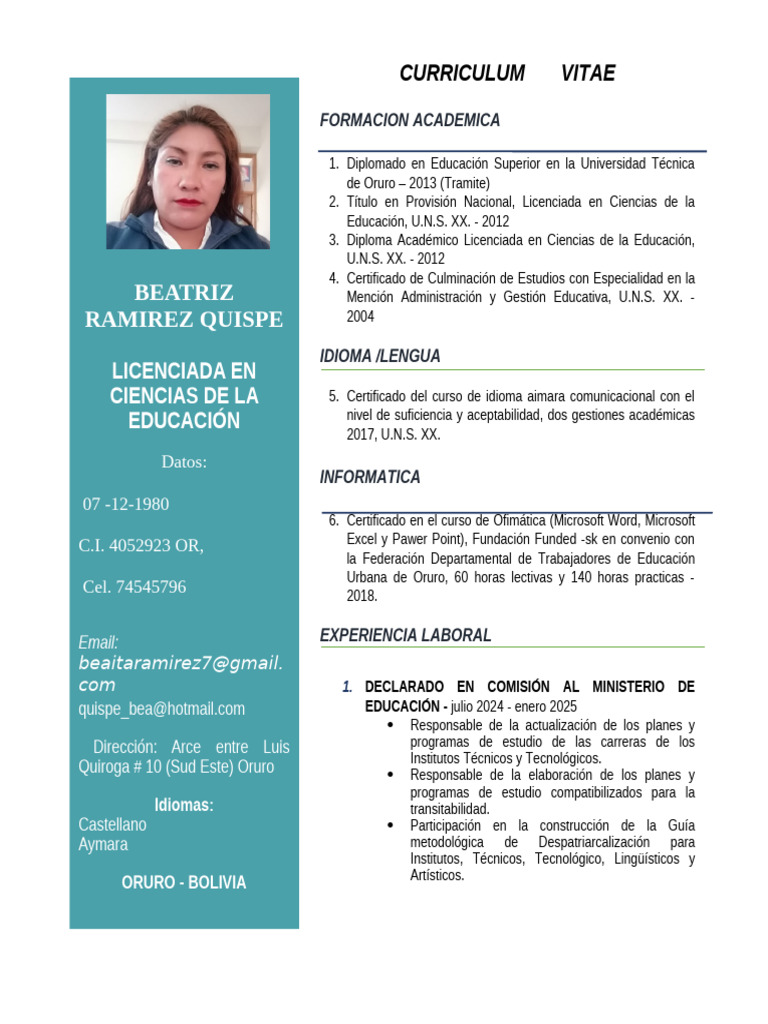 Curriculum Vitae Beatriz Ramirez Q Minuedu 2024 | PDF | Enseñando | Bolivia