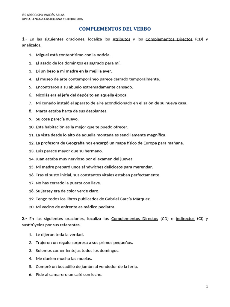 Actividades Complementos Del Verbo | PDF