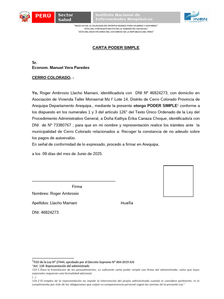 Modelo de Carta Poder Simple Perú | PDF