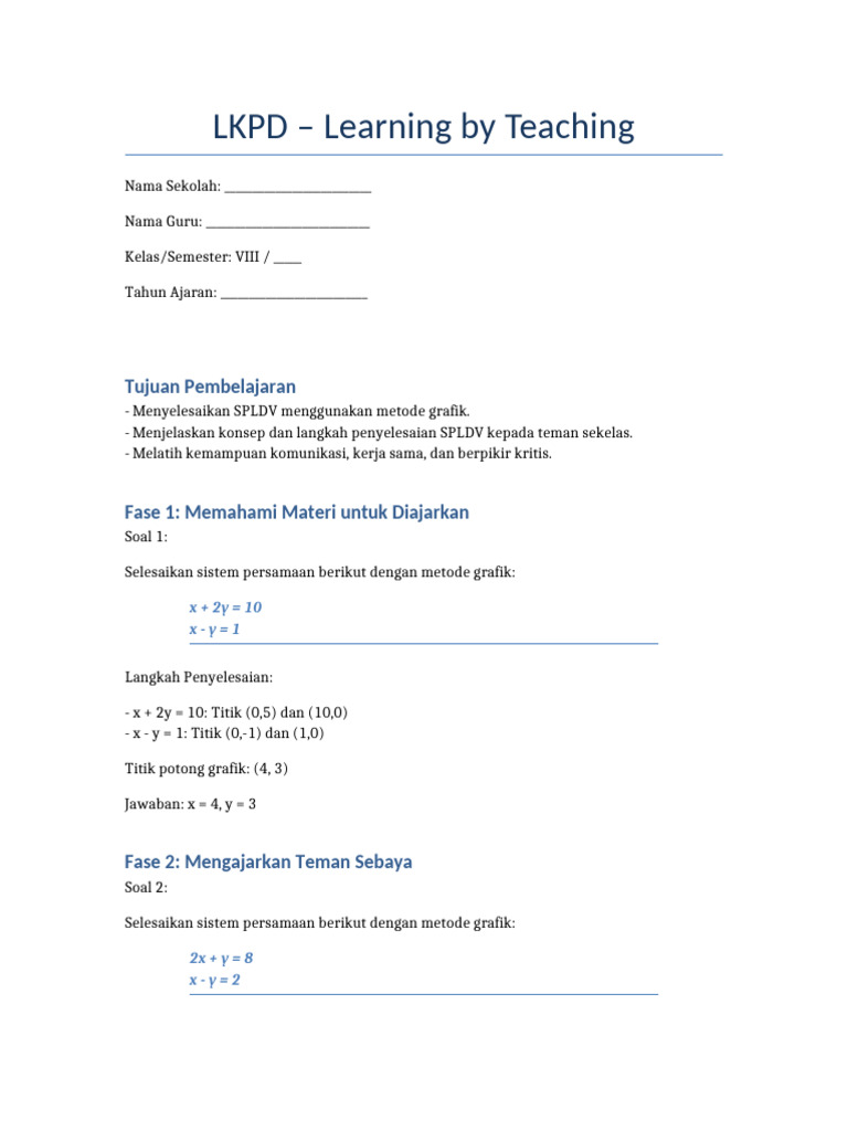 LKPD Learning by Teaching SPLDV | PDF