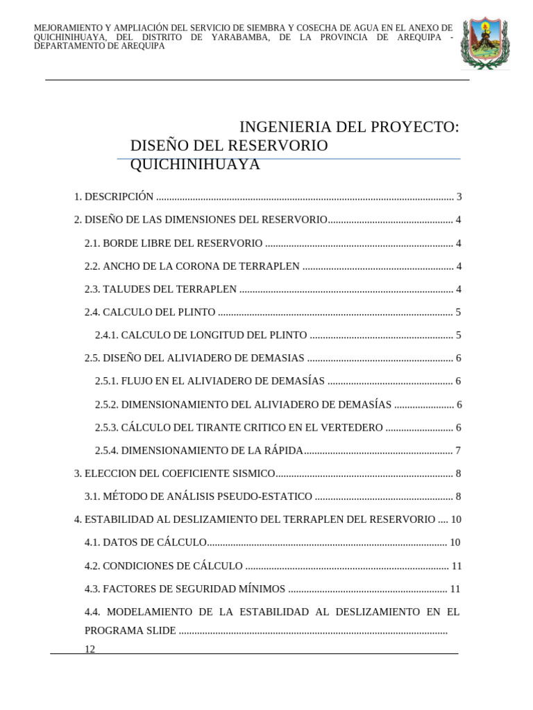 Ingenieria de Proyecto Reservorio YARAMBA - Docx - DE ARTURO LEON | PDF | Reservorio | Temblores