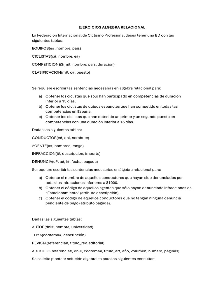 Ejercicios Algebra y Calculo | PDF | Base de datos relacional