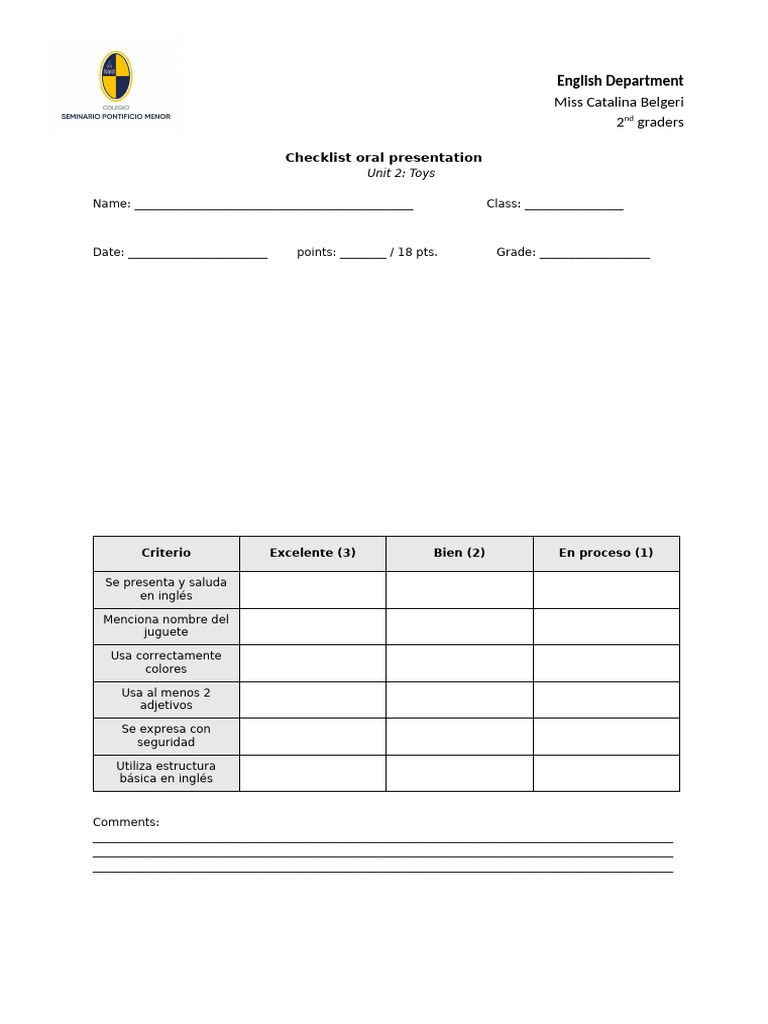 Checklist Oral Presentation 2nd Grade | PDF