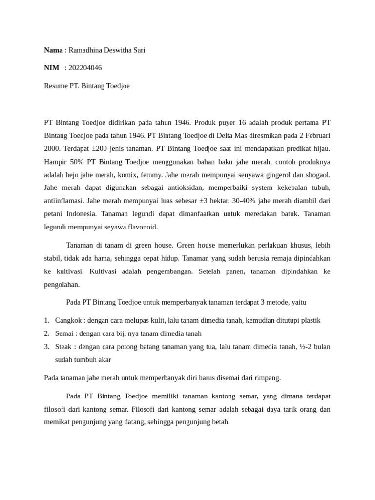 Ramadhina Deswitha Sari - Resume PT Bintang Toedjoe | PDF