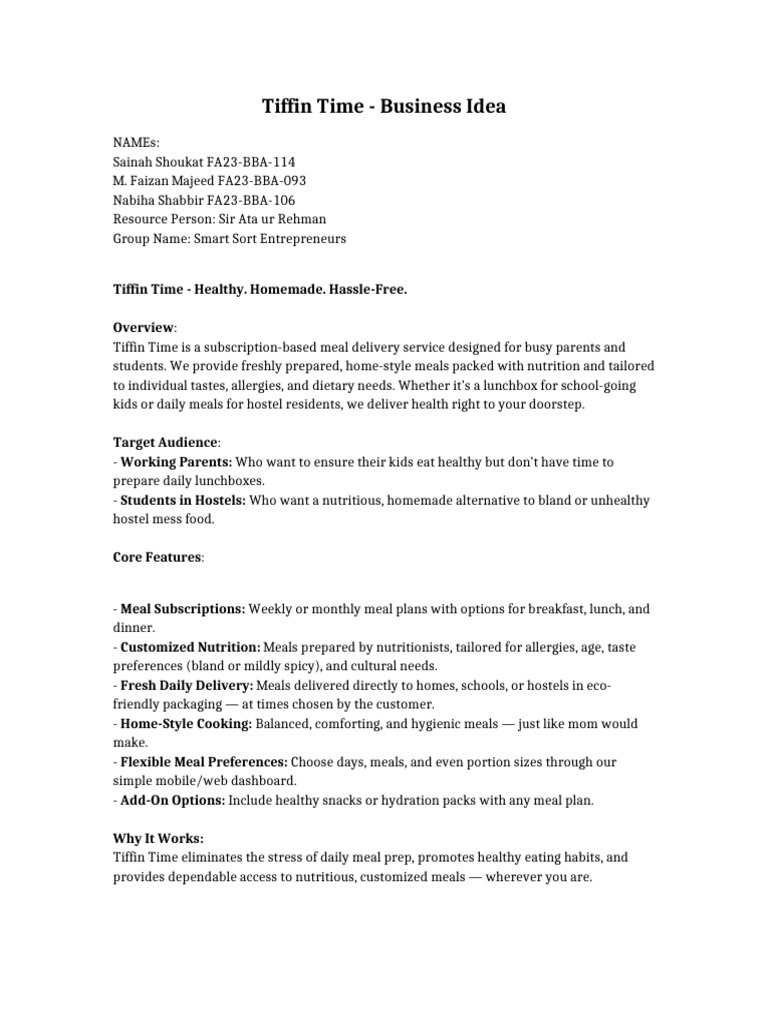 Tiffin Time: Healthy Meal Delivery Service | PDF