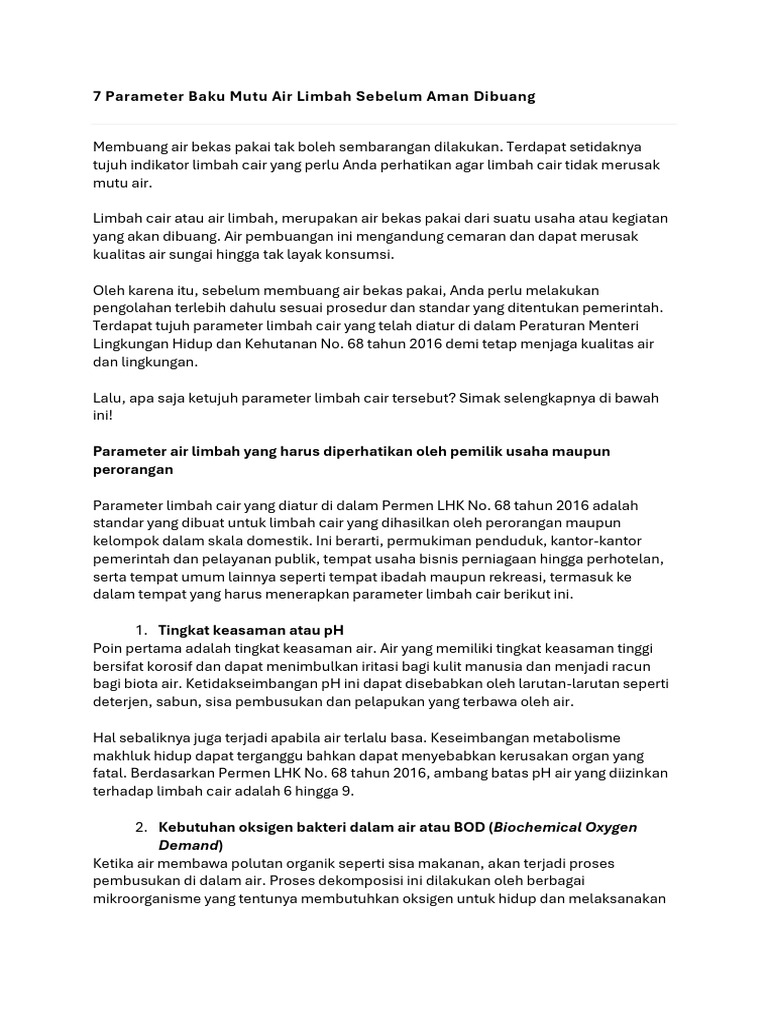Parameter Baku Mutu Air Limbah dan Dampak Komponen Lingkungan | PDF