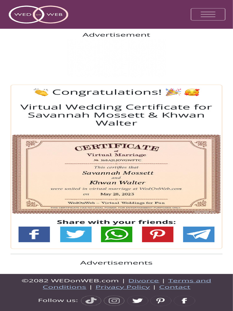 Marriage Certificate - Virtual Weddings For Fun B | PDF