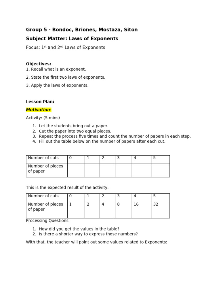 Lesson Plan - Laws of Exponents | PDF | Exponentiation | Multiplication